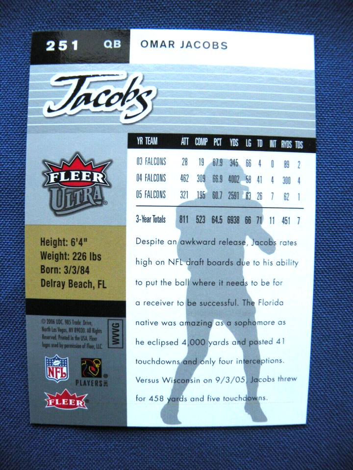 2006 Fleer Ultra Football Ultra Rookies Omar Jacobs Falcons #251 | eBay