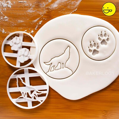 SET of 2: Wolves theme cookie cutters (Paw Prints & Howling Wolf ...