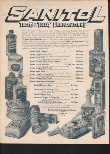1908 SANITOL TOOTHBRUSH POWDER CREAM DENTAL DENTIST ST LOUIS PASTE AD ...