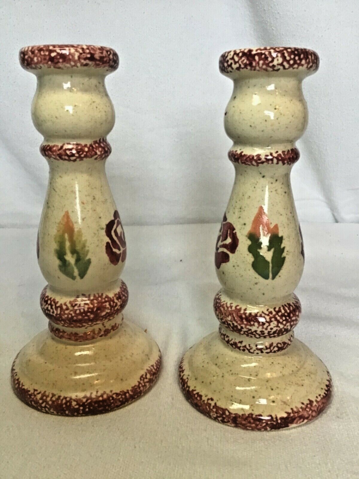 CERAMIC POTTERY CANDLE HOLDERS (2) ROSE LEAF STENCIL SPECKLE WINE ...
