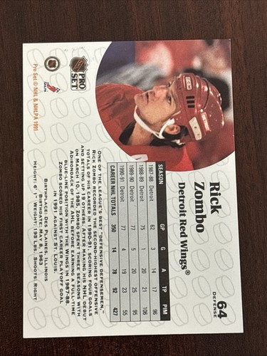 1991-92 Pro Set #64 Rick Zombo Detroit Red Wings Hockey Card Signed ...