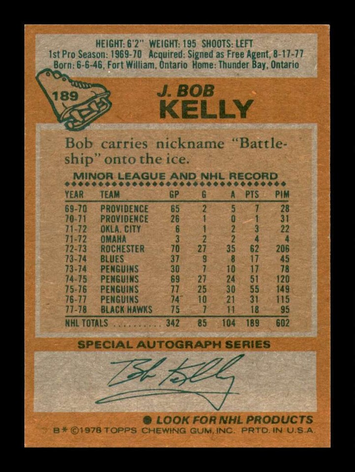 1978-79 Topps J. Bob Kelly #189 Chicago Blackhawks NM OR BETTER | eBay