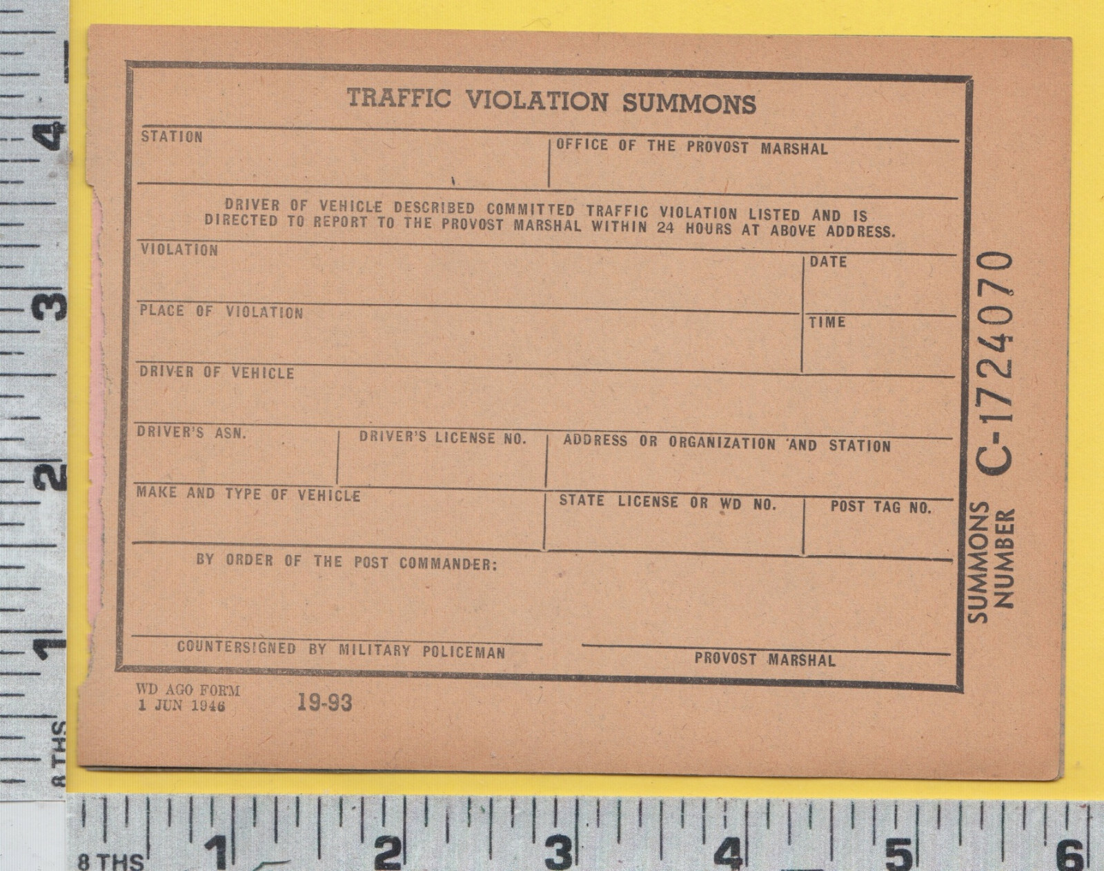 9666 Traffic ticket summons 1946 Fort Eustis U S Army base police Ft ...
