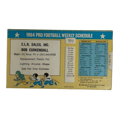 1984 Pro Football Weekly Schedule Handy Pocket Slider Card Vintage VTG ...