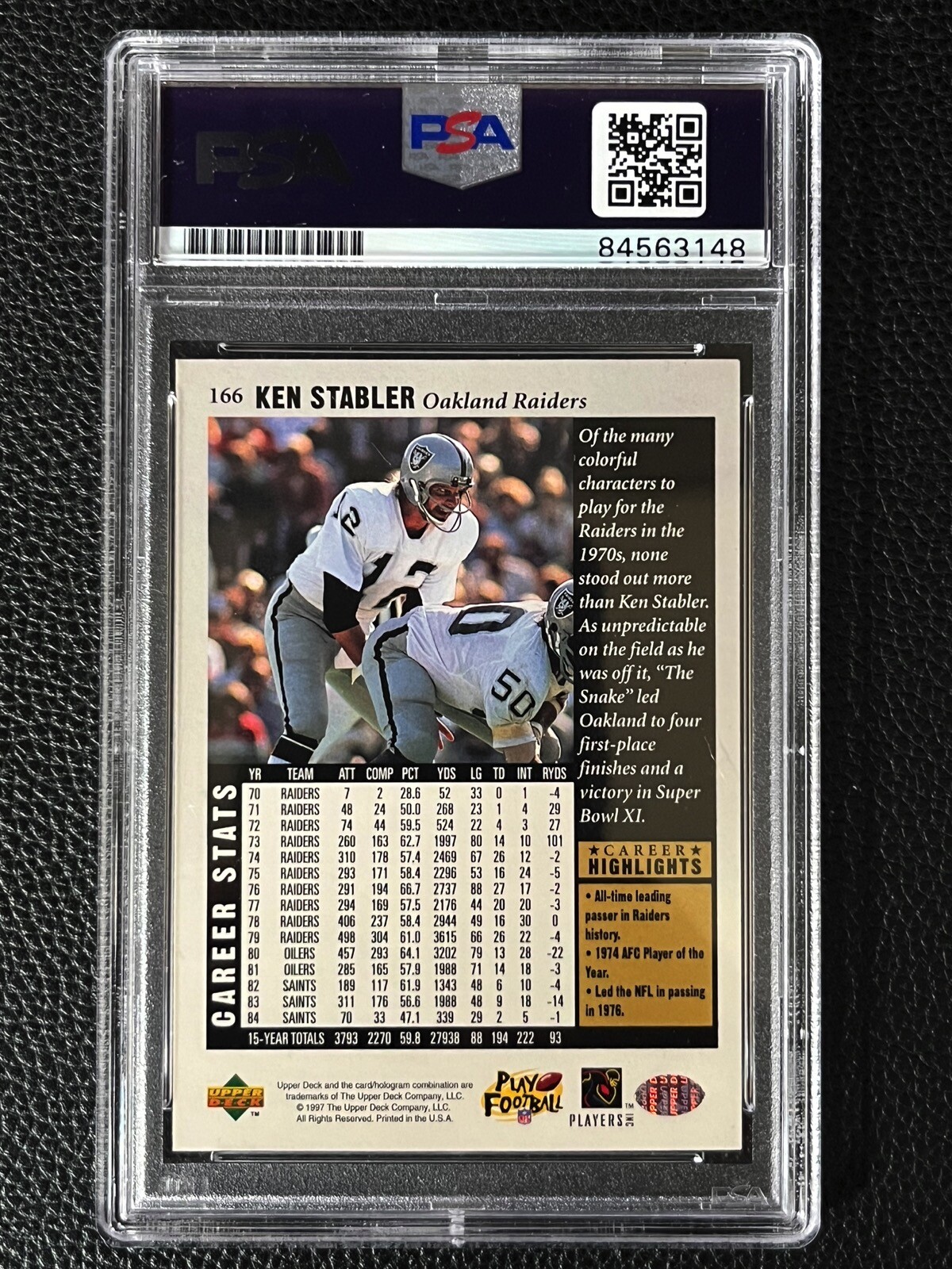 Ken Stabler Raiders 1997 Upper Deck NFL Legends #166 Signed Autograph ...