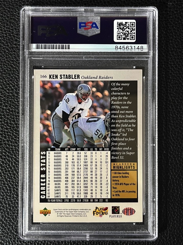Ken Stabler Raiders 1997 Upper Deck NFL Legends #166 Signed Autograph ...