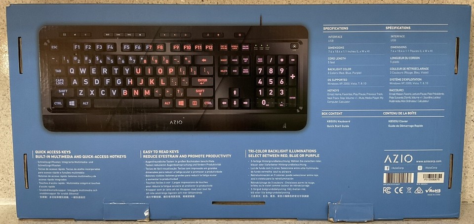 Azio KB505U Vision Large Font LED Backlit Keyboard Black Wired New In ...
