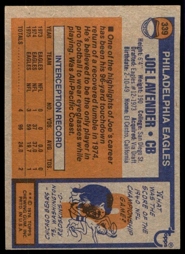 1976 Topps Joe Lavender Rookie Football Card Philadelphia Eagles #339 ...