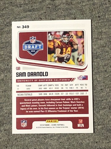 2018 Score Sam Darnold Rookie Card#349 Carolina Panthers 1.00 Shipping ...
