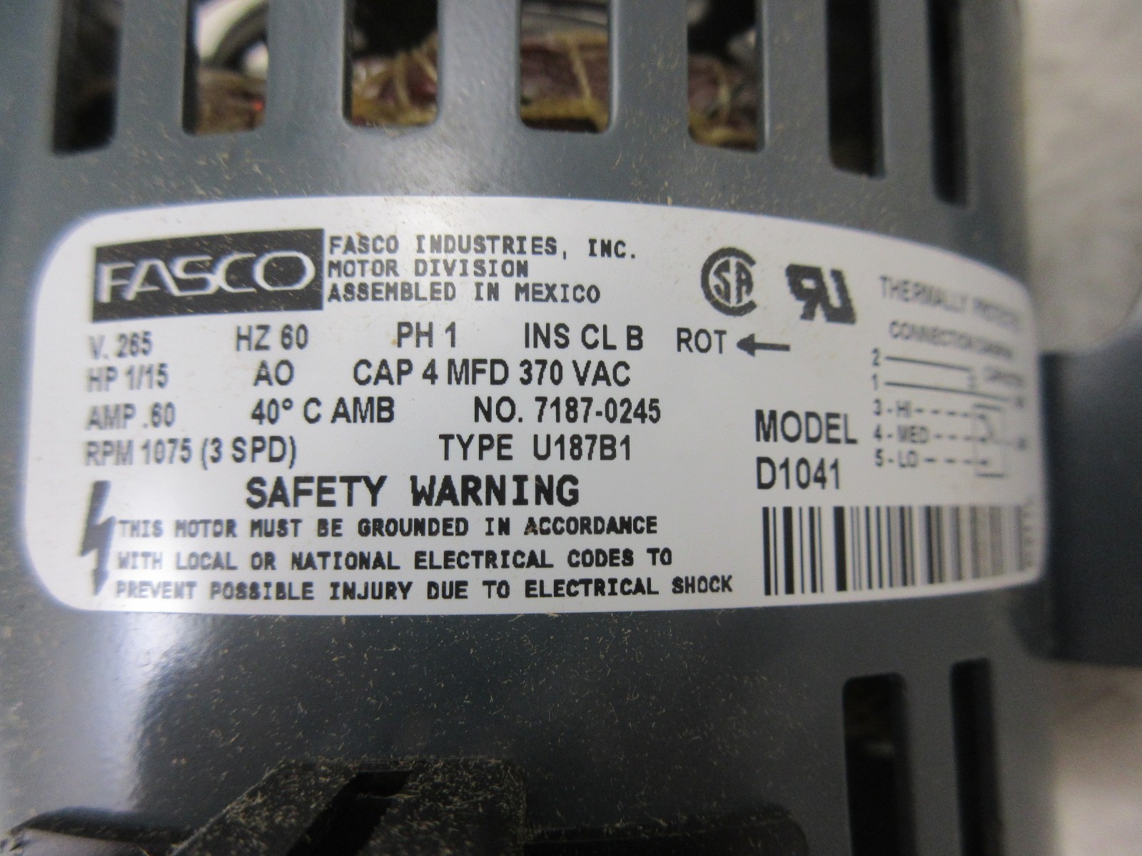 1/15 HP D1041 FASCO 7187-0245 BLOWER MOTOR 265V 1075 RPM 3 SPEED IEC | eBay