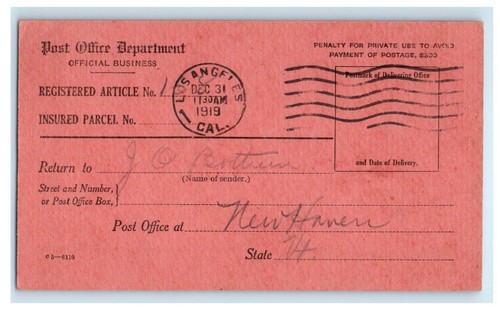 1919 Post Office Department Insured Parcel New Haven Vermont VT Antique ...