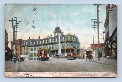 Soldier's Monument Square Woonsocket RI 1908 Postmark Robbins Bros Pub ...