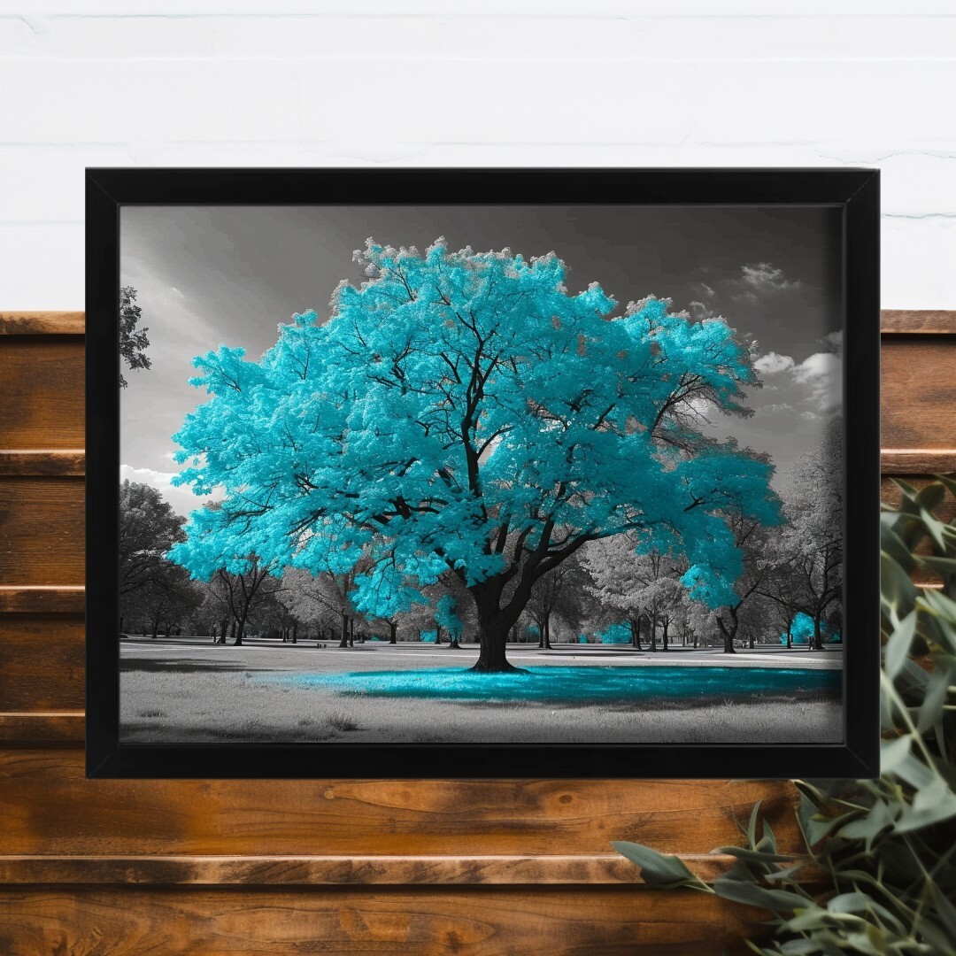 Large Tree Wall Art Turquoise Leaves Poster Picture Teal Tree Print For ...