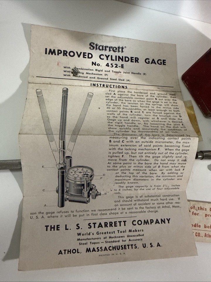 L.S. Starrett No. 452-E Cylinder Gauge Grad .001 2 1/10” To 6 ...