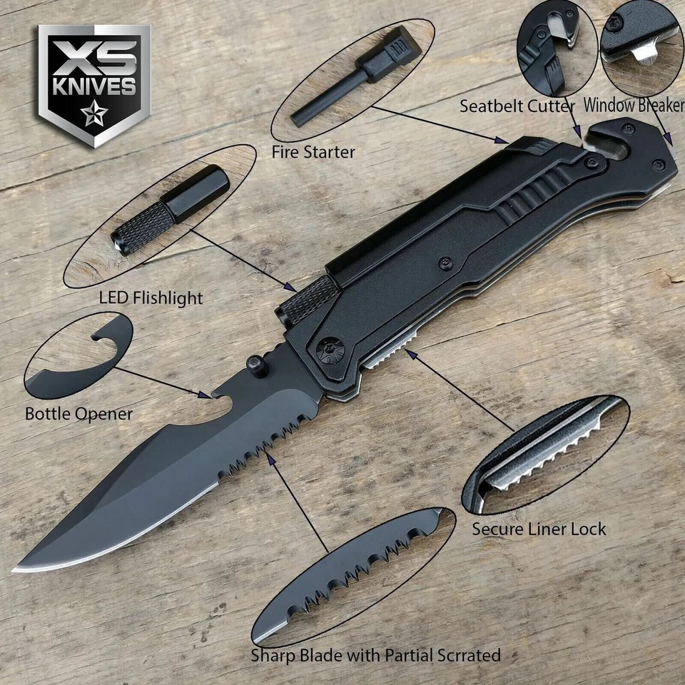 Black EDC Spring Open Assisted LED Multifunction Pocket Knife Survival MULTITOOL | eBay