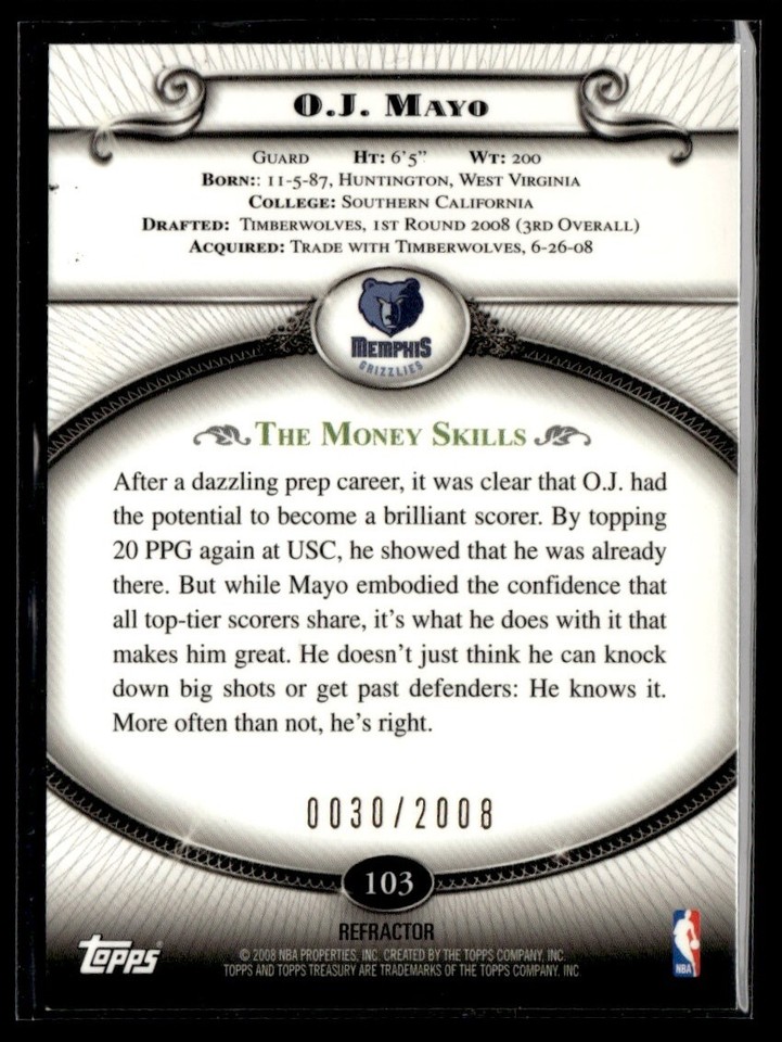 2008-09 Topps Refractor O.J. Mayo Rookie 0030/2008 Memphis Grizzlies ...