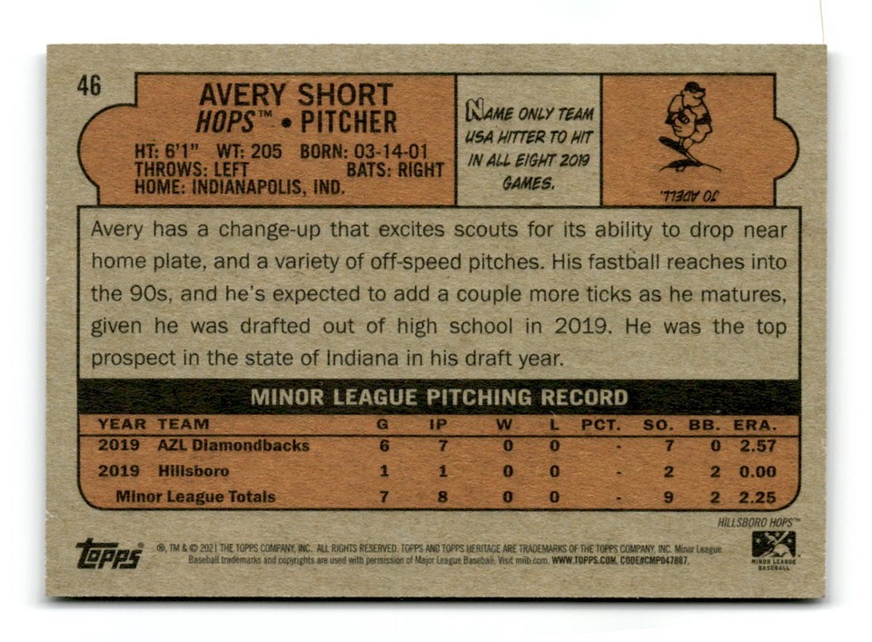 2021 Topps Heritage Minor League Avery Short #46 Hillsboro Hops | eBay