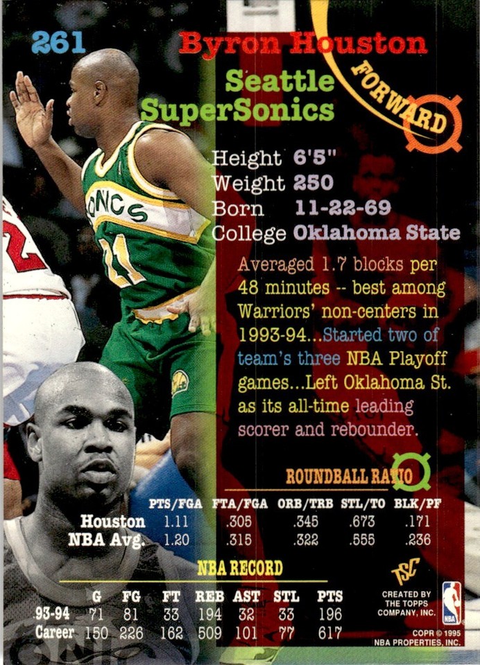 1994-95 Stadium Club Basketball Card Byron Houston Seattle SuperSonics ...