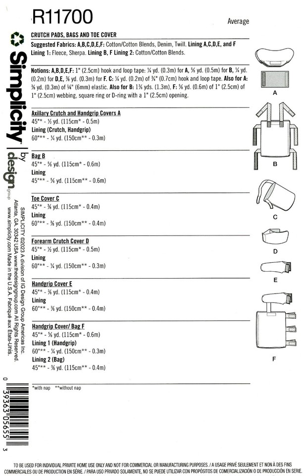 Simplicity R11700 Crutch Covers, Handgrips, Bags & Toe Covers OSZ UNCUT ...