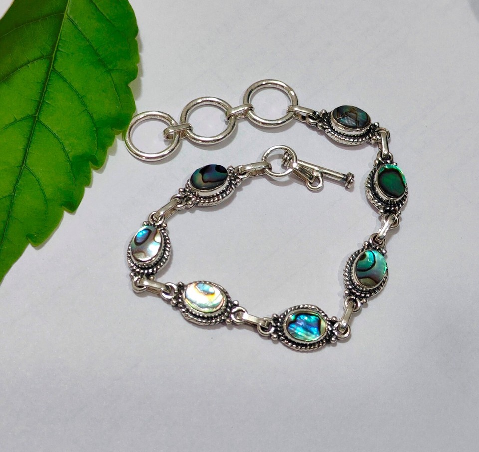 Natural Abalone Shell Bracelet 925 Sterling Silver Adjustable Silver ...