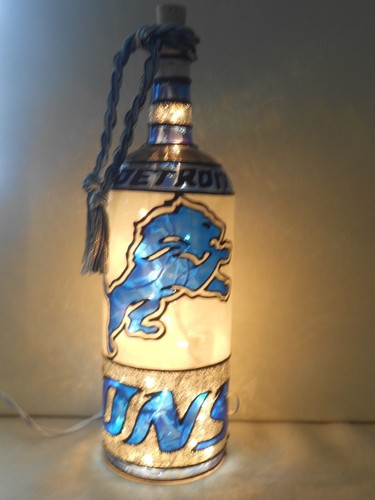 Detroit Lions Inspired Lamp Bottle Hand Painted Lighted Stained glass ...