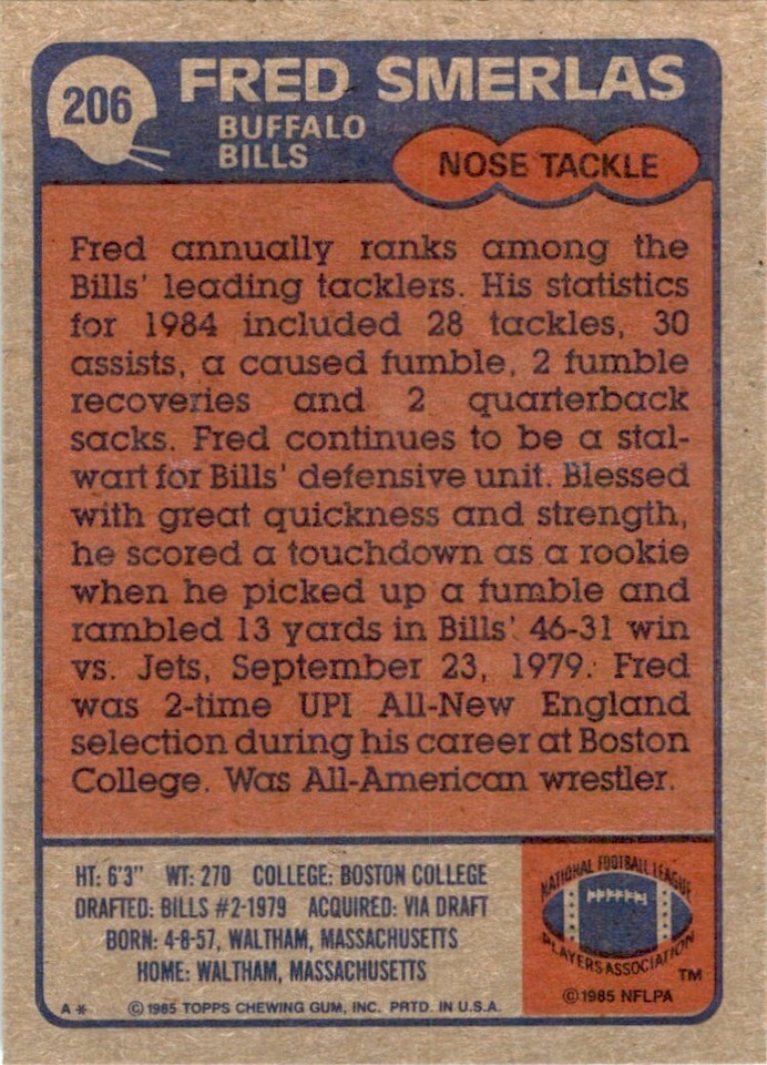 1985 TOPPS FRED SMERLAS BUFFALO BILLS #206 | eBay