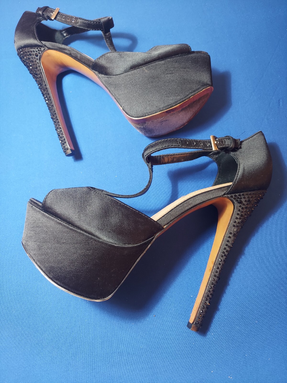 Halston Black Satin Fabric High Heel Platform Stilett… - Gem