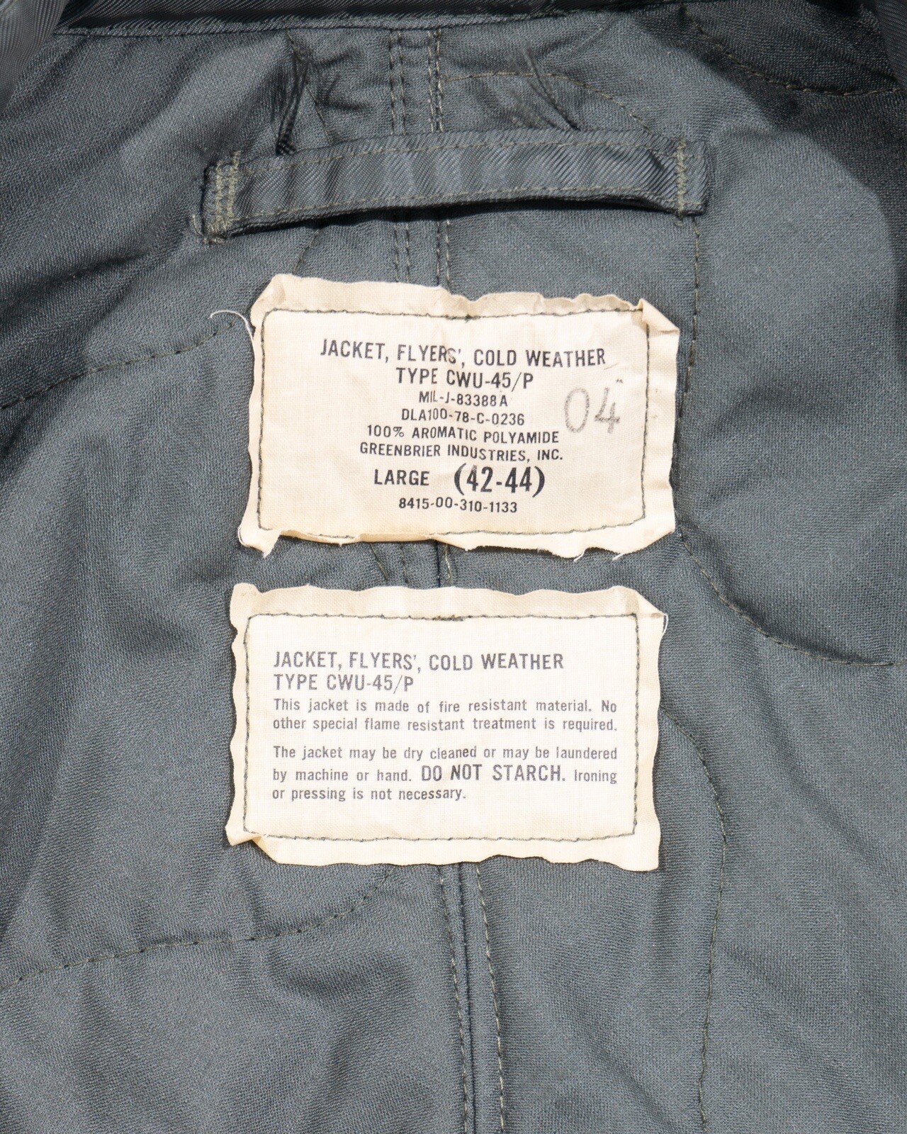 DEADSTOCK FIRST PATTERN CWU-45/P COLD WEATHER FLYERS JACKET MIL-J ...