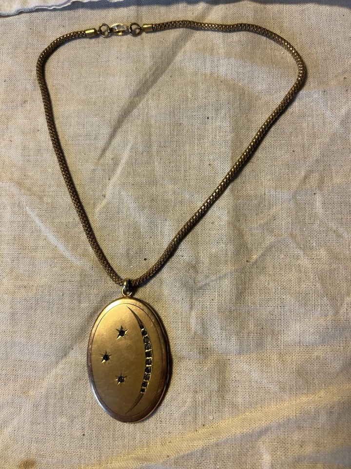 Antique SOB Co Gold Crescent Moon Stars Starburst Locket W/Chain ...