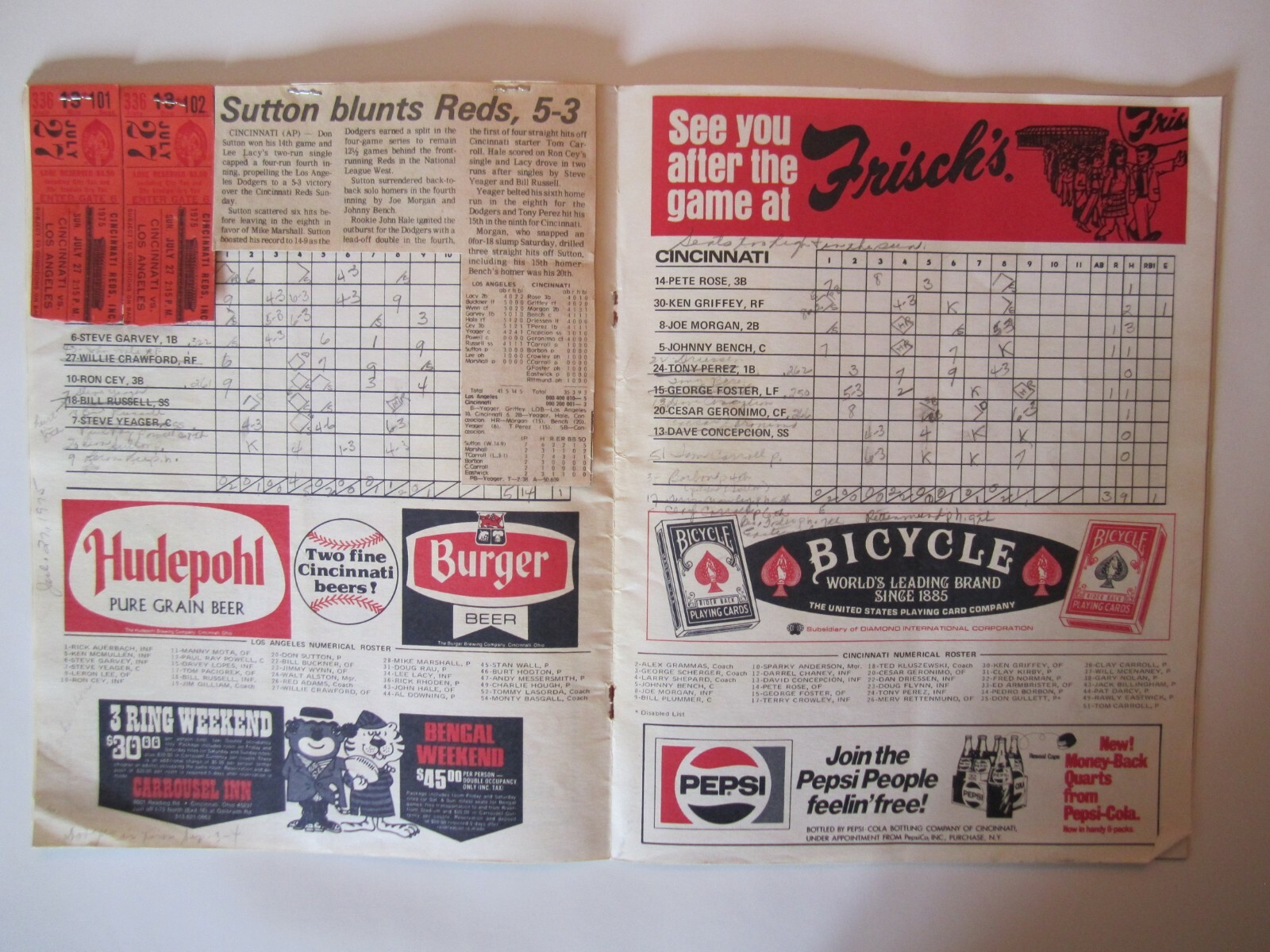 Cincinnati Reds 1975 Scorebook (vs. Dodgers) Scorecard plus Tickets | eBay