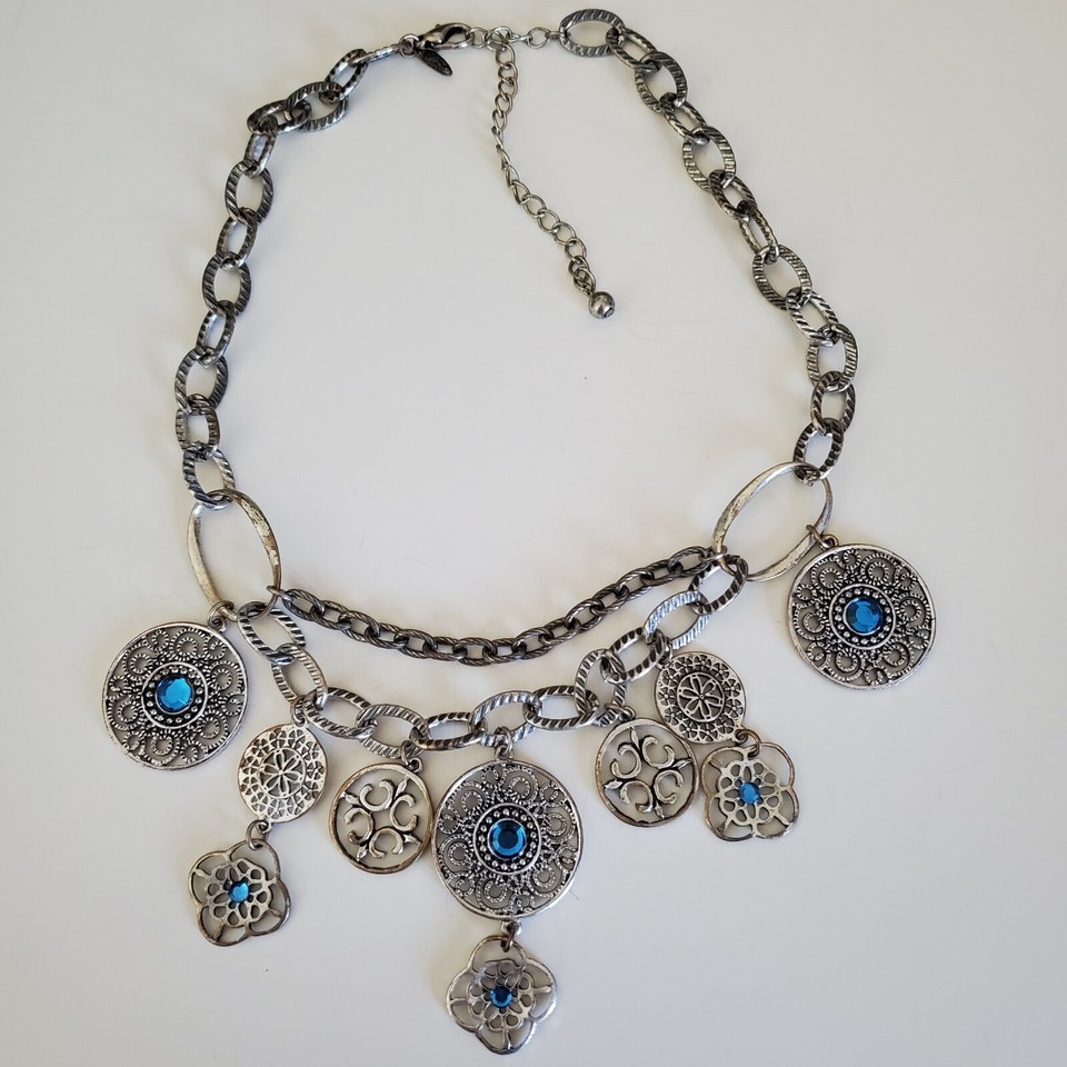 LAURA ASHLEY Silver Metal Circles Bib Necklace Blue Rhinestones Boho ...
