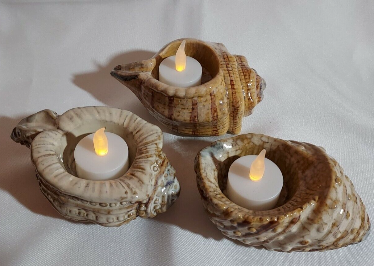 EUC **Beautiful** Set of 3 Ceramic Seashell Tealight Candle Holders | eBay