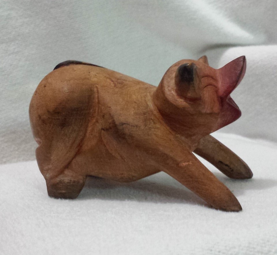 Wooden Hand Carved Standing Pig Farm Animal Figurine Collectible 4.25 ...