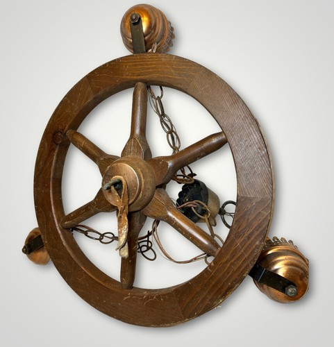 VINTAGE NAUTICAL WOOD SHIP WHEEL 3 LIGHT CHANDELIER LIGHT FIXTURE 19 ...