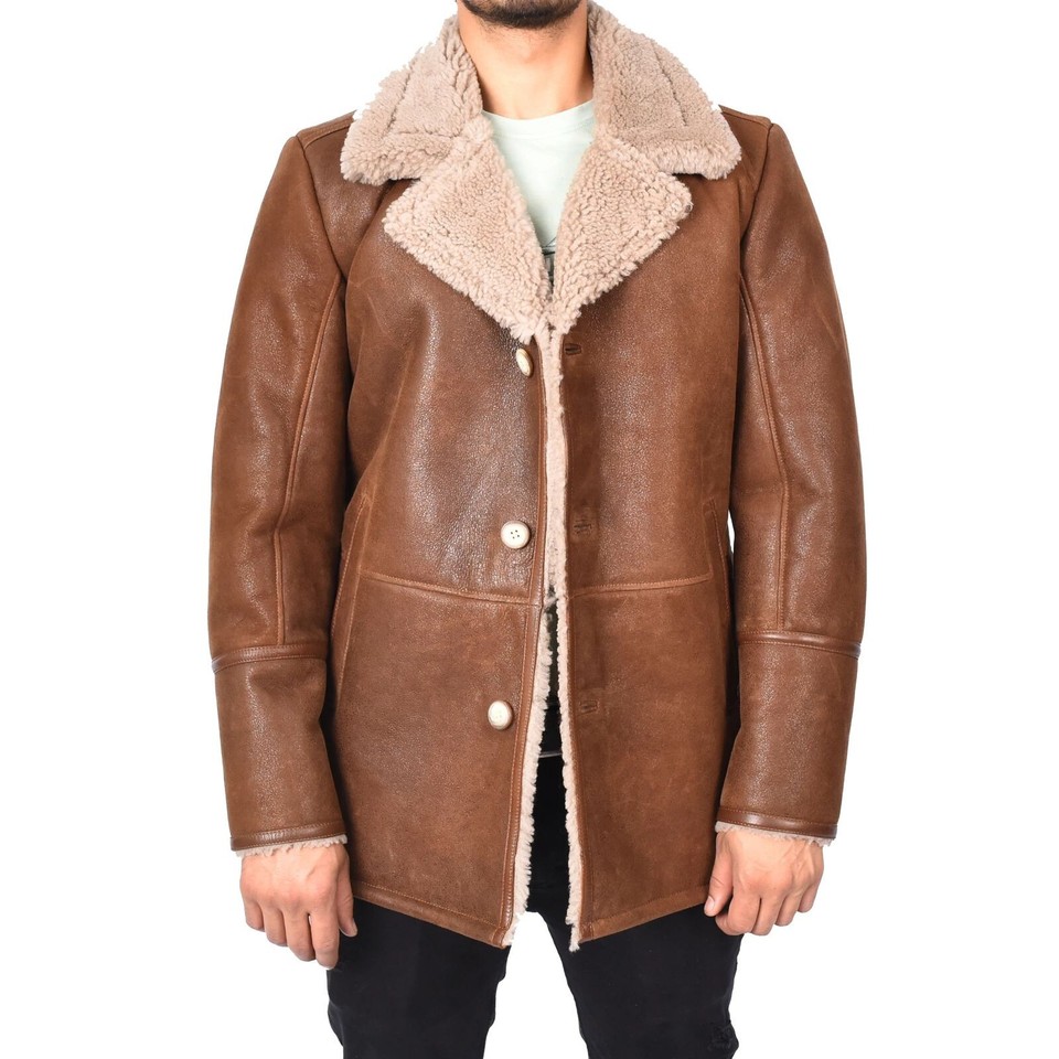 Mens Brown German Classic Real Sheepskin Shearling Leather Cromby ...