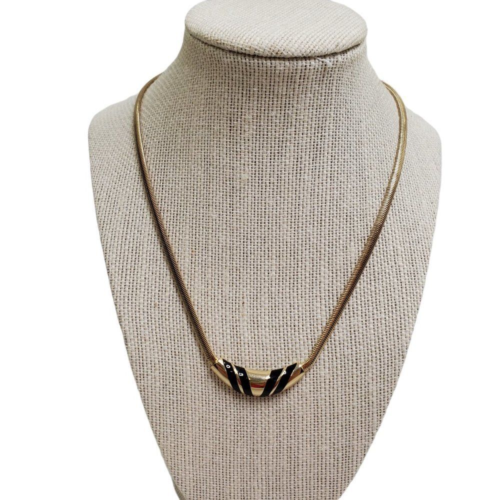 Avon Necklace Black Gold Tone Art Deco Look Stripe Ch… - Gem