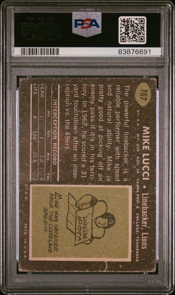 1969 Topps #167 Mike Lucci NFL Detroit Lions HOF - Authentic Vintage ...