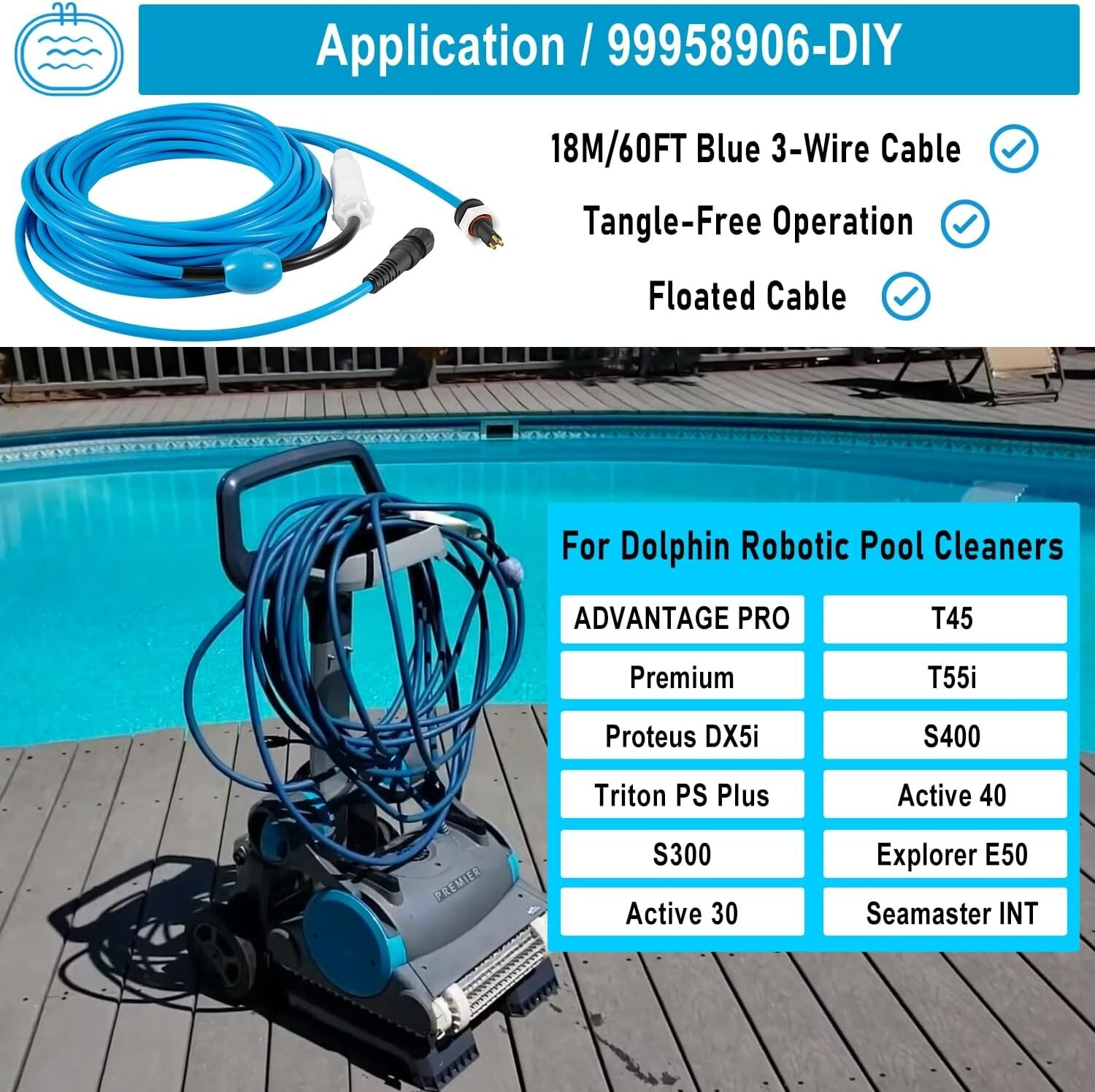 99958906-DIY 18M/60FT Blue 3-Wire Cable with Swivel for Dolphin Active ...