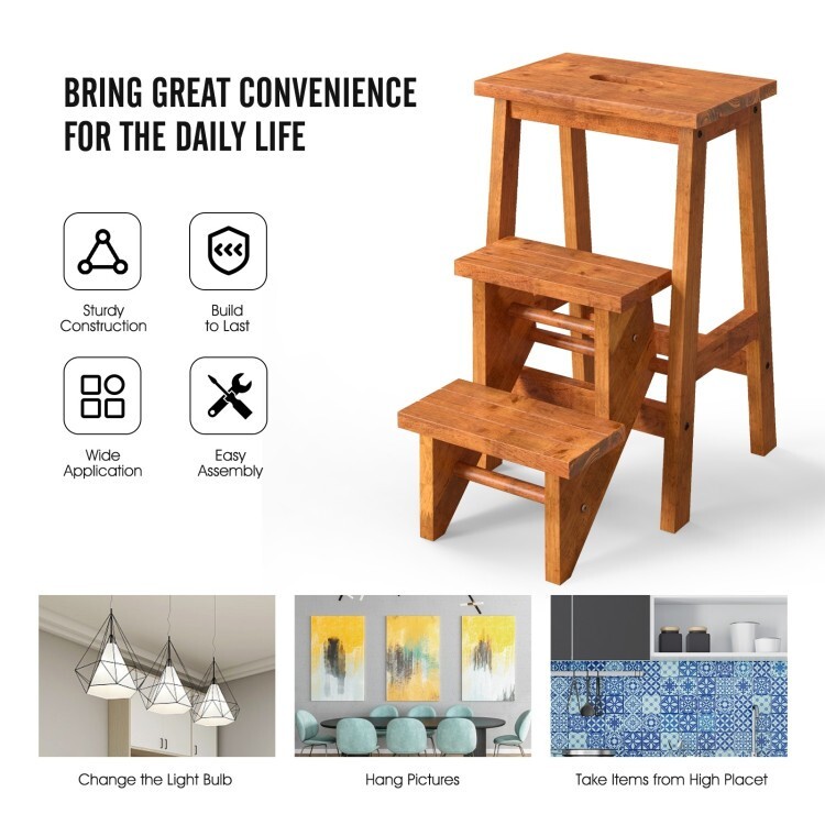 3-in-1 Multifunctional Wood Step Stool Step Ladder Folding w/Convenient ...