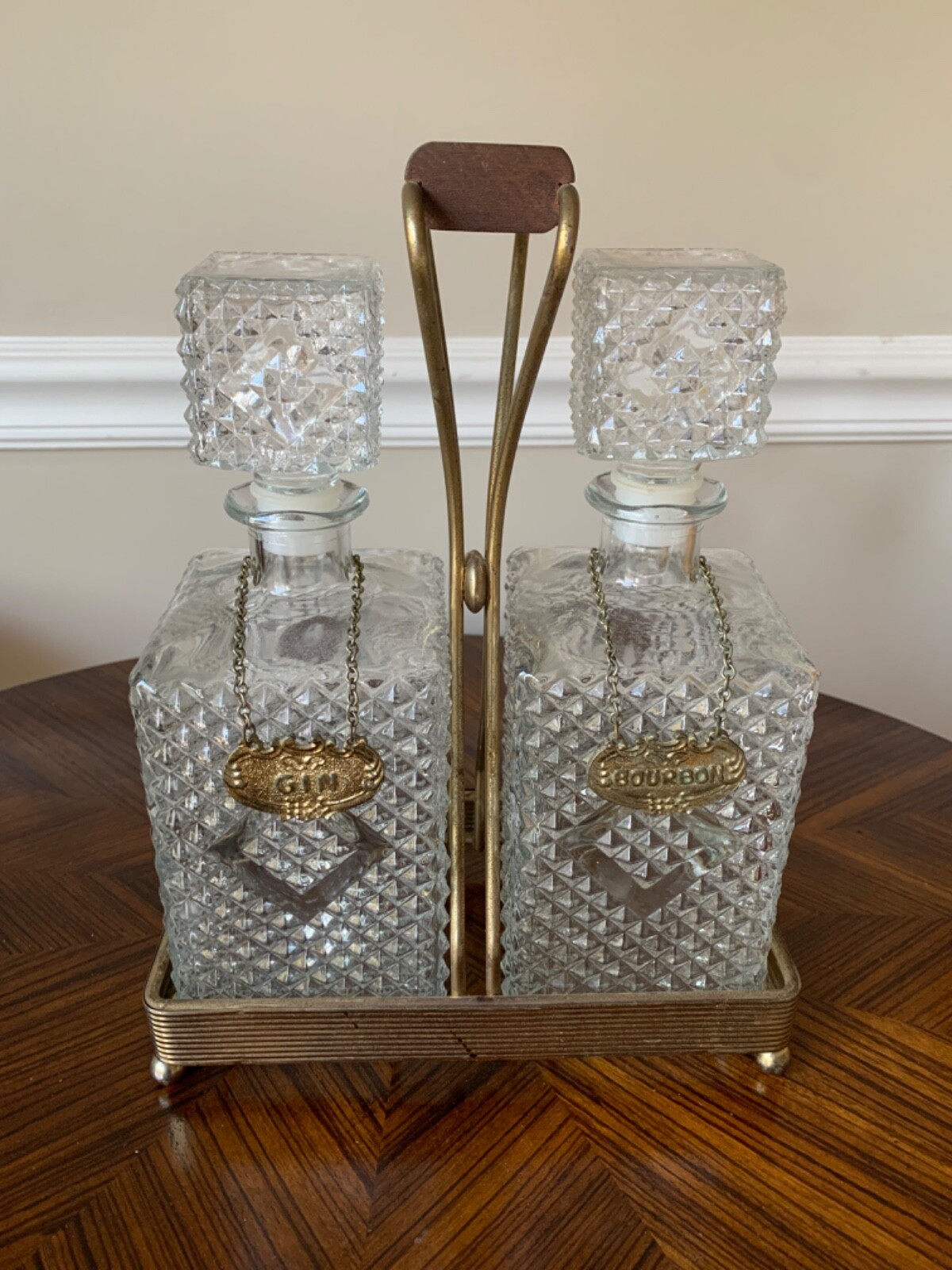 Mid-century Crystal Look Decanter (7 Piece) Set in Metal with Wood ...