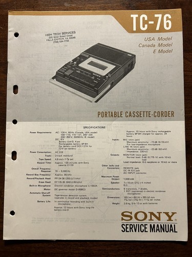 Sony TC-76 Portable Cassette-Corder Tape Recorder Service Manual ...