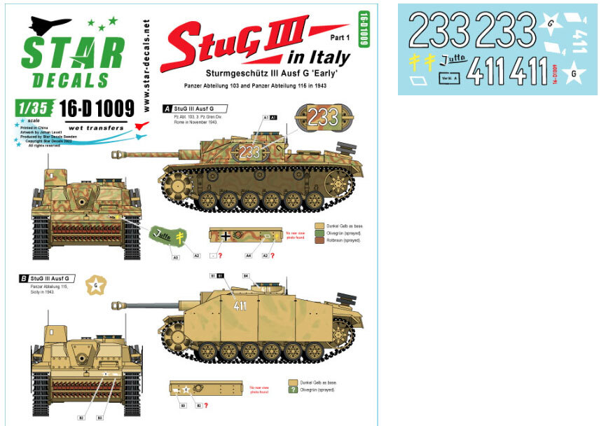 Star Decals for 1/16 StuG III, Italy # 1 - Panzer Abteilung 103 & 115 ...