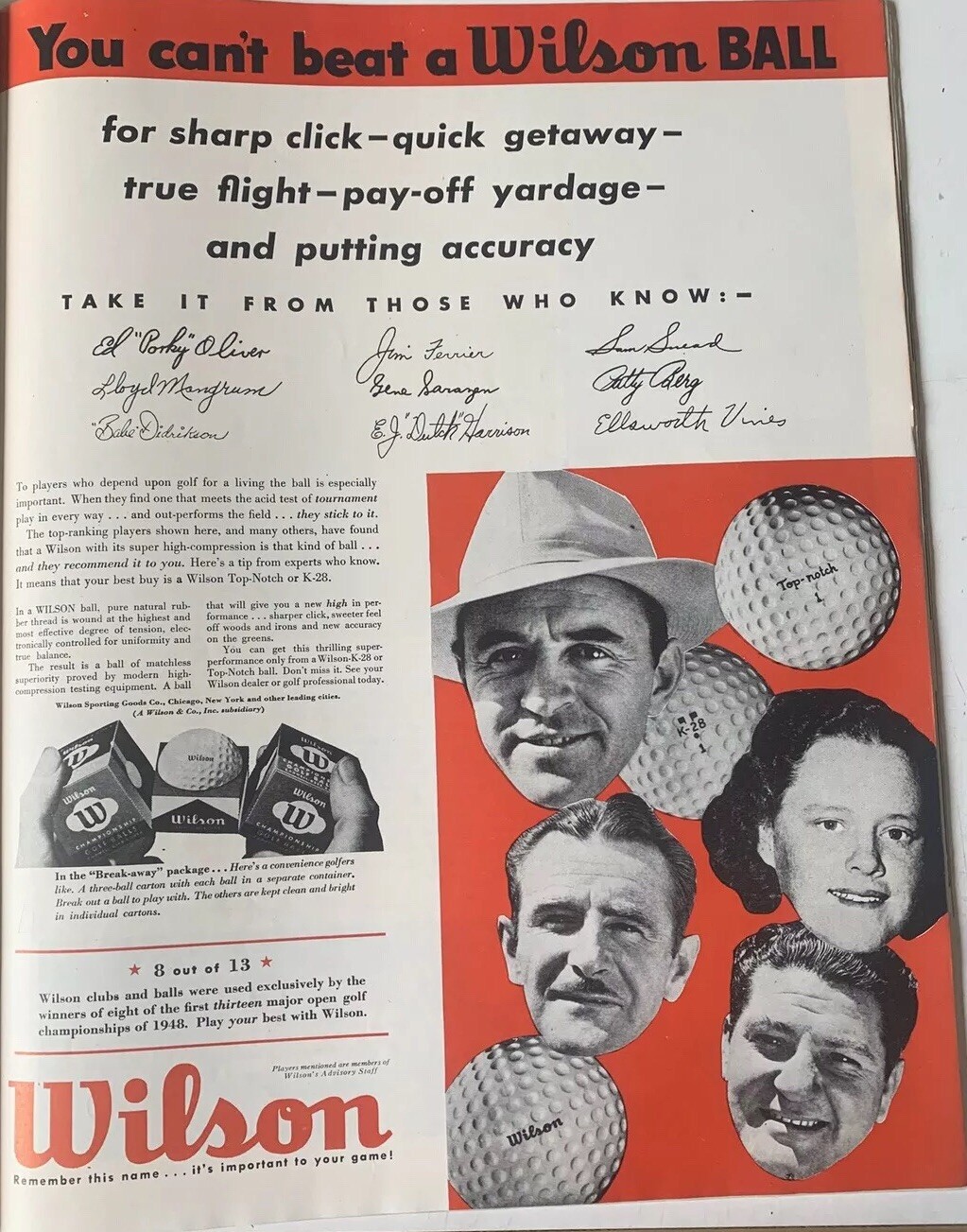 1948 WILSON Golf Balls - Golfers SAM SNEAD - JIM FERRIER - VINTAGE AD ...