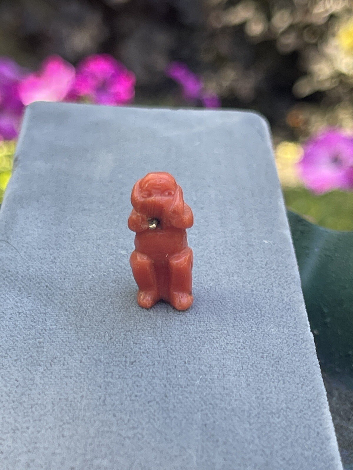 Antique Carved Red Coral Monkey Charm Pendant - Gem