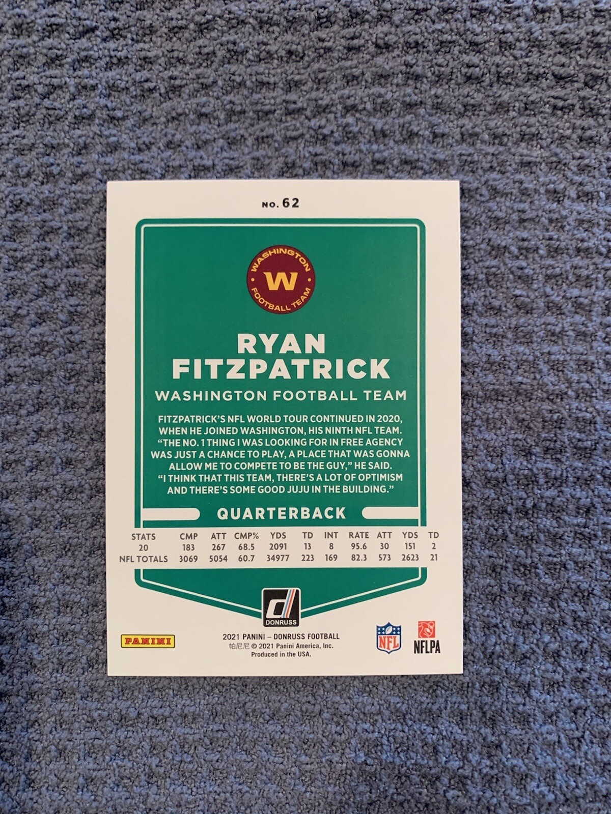 RYAN FITZPATRICK 2021 PANINI DONRUSS "BLUE PRESS PROOF" FOOTBALL CARD ...