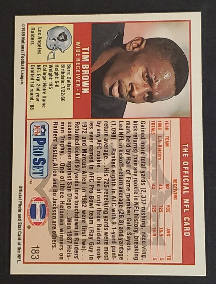 1989 Pro Set #183 Tim Brown Rookie Card Rc Notre Dame Los Angeles ...