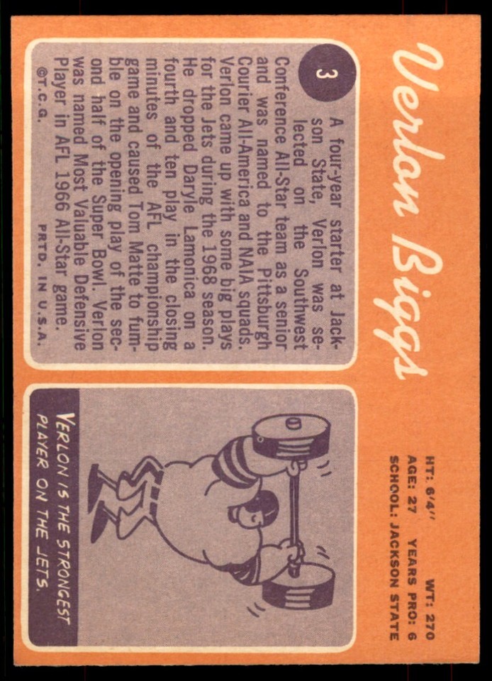 1970 Topps Football Card Verlon Biggs New York Jets #3 | eBay