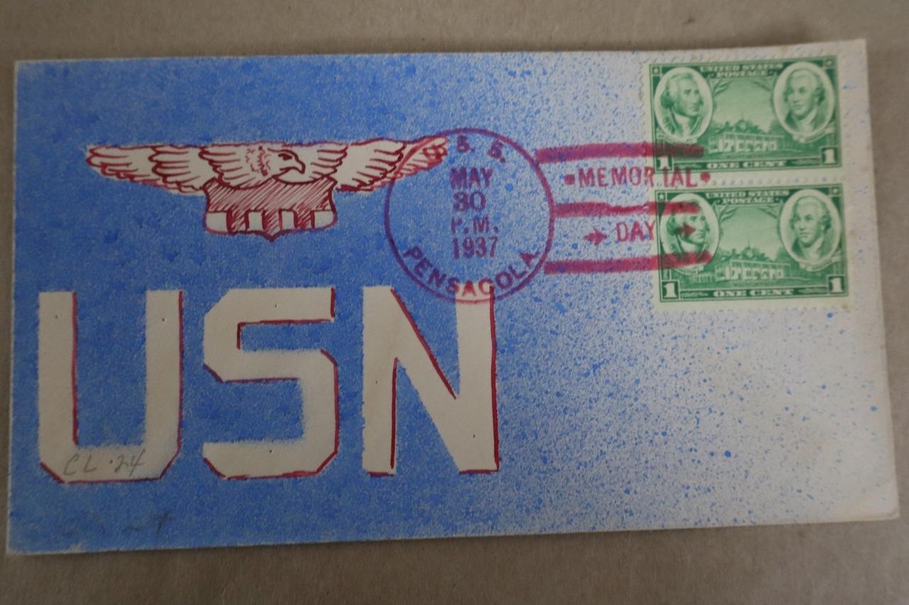 U.S.S. PENSACOLA, MEMORIAL DAY, 5/30/37, HAND DRAWN CACHET, BY RAY ST ...