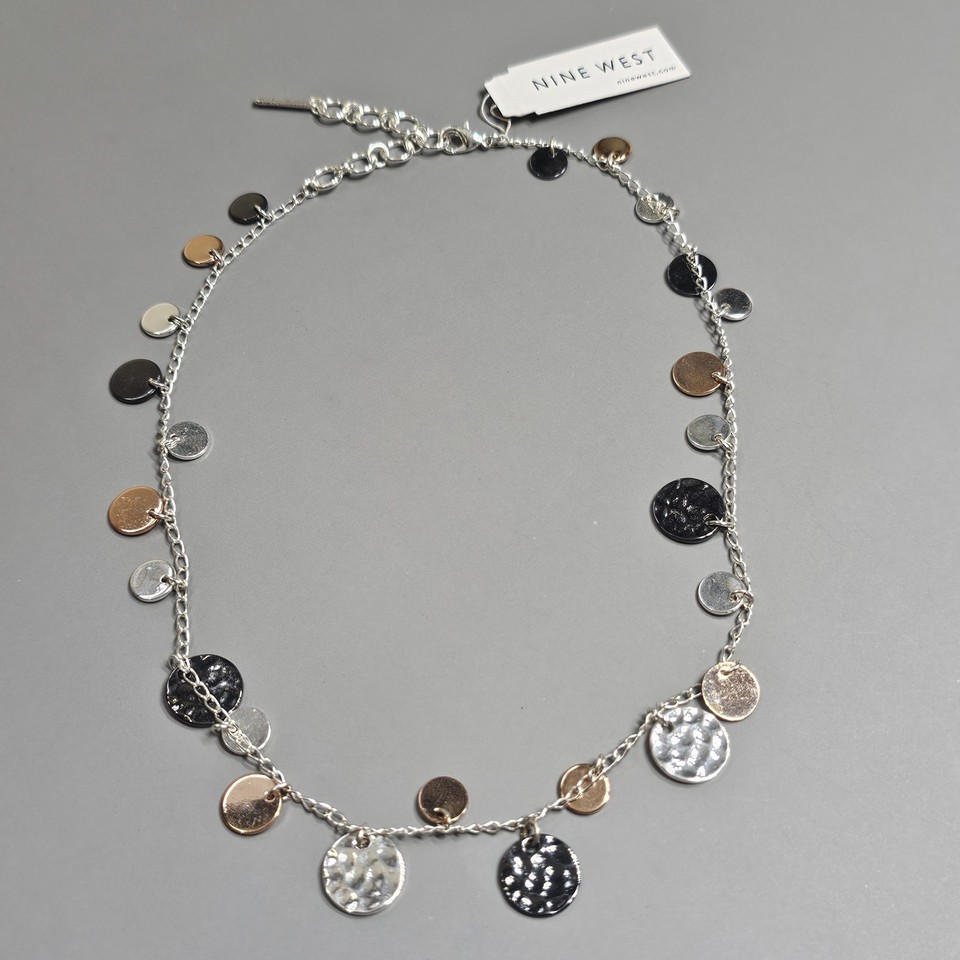 Nine West Dangling Disc Necklace Multi-Tone Hammered Coins Silvertone ...