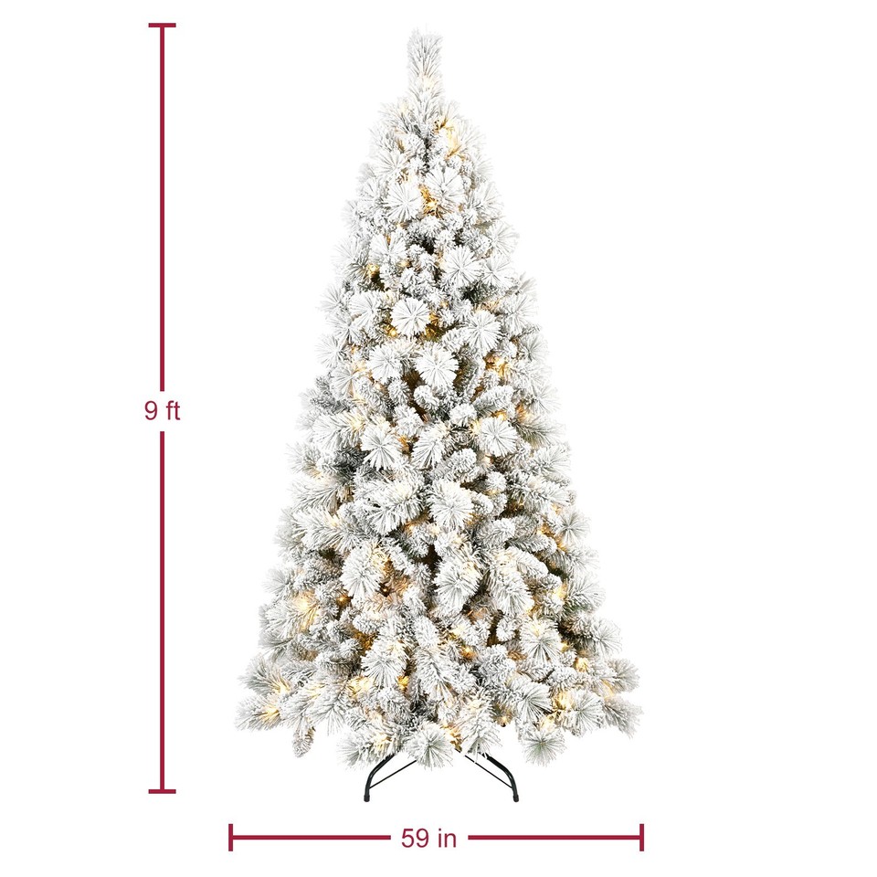 9 ft Prelit Snow Flocked Christmas Tree Artificial Pine Tree with 750 ...